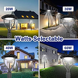 LED Post Top Light with Photocell Dusk to Dawn, 20W-30W-40W-60W Power Tunable,3CCT 3000K-4000K-5000K LED Circular Street Area Pole Light, for Courtyard Garden Street Lighting IP65 DLC&ETL Listed