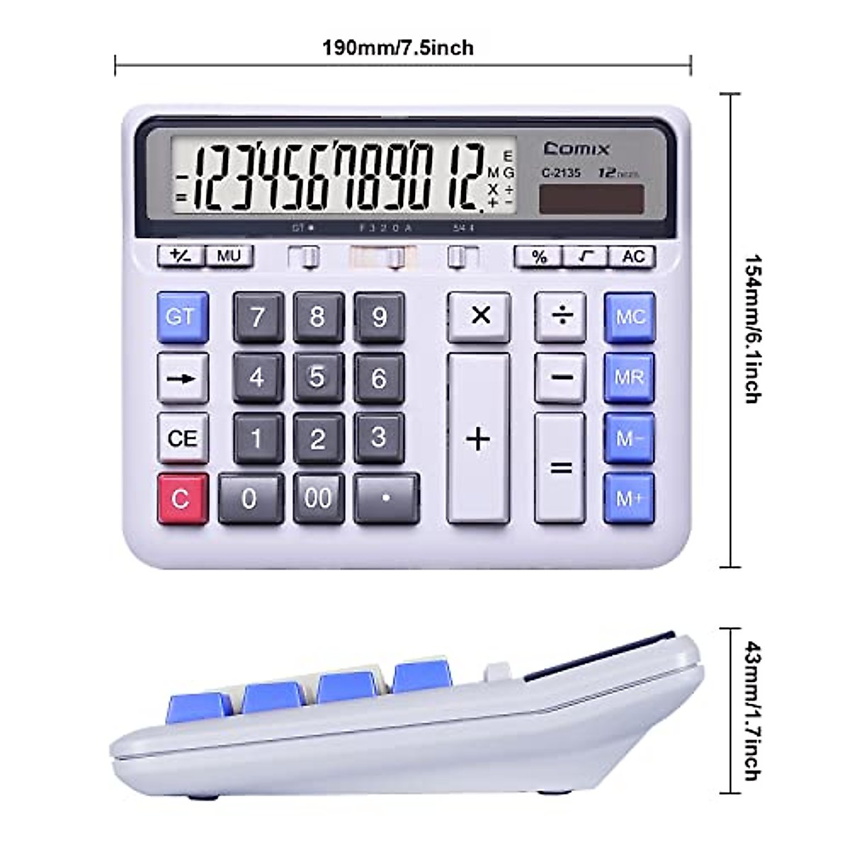 Comix Desktop Calculator Solar Battery Dual Power with 12-Digit Large LCD Display and Large Computer Keys Office Calculator for Home Office School