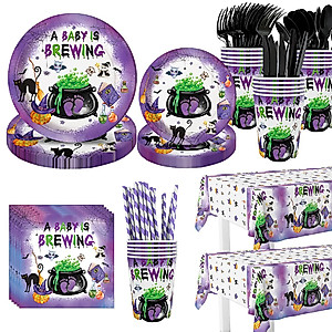 AIBIIN 194pcs Halloween Baby Shower Decorations Halloween A Baby is Brewing Baby Shower Party Plates, Cup, Napkin, Tablecloth, Tableware, Halloween Party Supplies Plates Serve 24 Guests