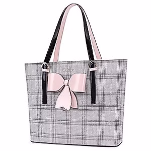 MOSISO Laptop Tote Bag Compatible with MacBook, 17-17.3 inch Notebook and Chromebook, PU Leather Large Capacity Work Bag Travel Hanbag with Grid MO-GID002LTBR