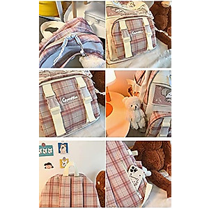 Aoakva Kawaii Plaid Backpack Purple Trendy Travel Bag with Free Cute Bear Pendant (Plaid purple), Regular