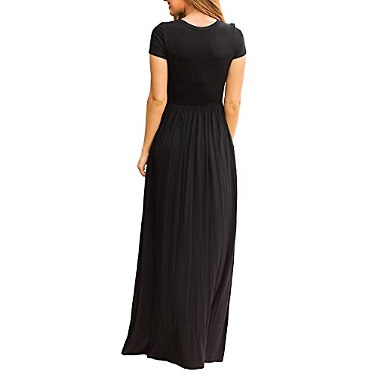 GRECERELLE Women's Short Sleeve Loose Plain Maxi Dresses Casual Long Dresses with Pockets Black Medium