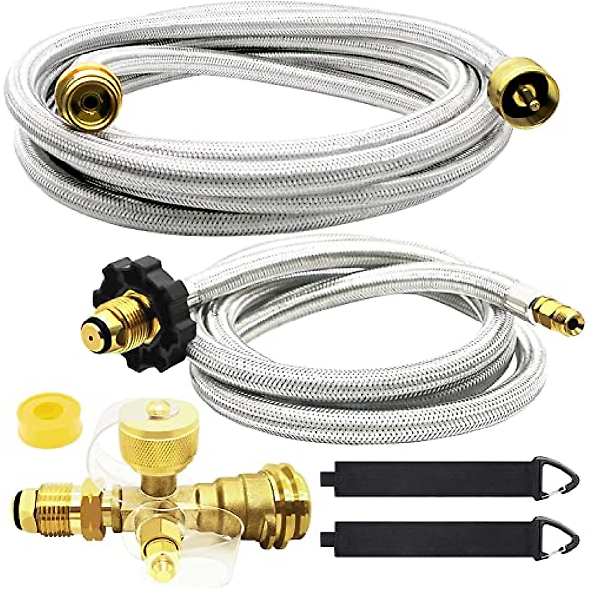 GardenNow Upgraded Propane Brass 4 Port Tee Kit Propane Brass Tee Adapter Kit with 5FT and 12FT Stainless Braided Hoses Allow for Connection Between Auxiliary Propane Cylinder and Propane Appliances