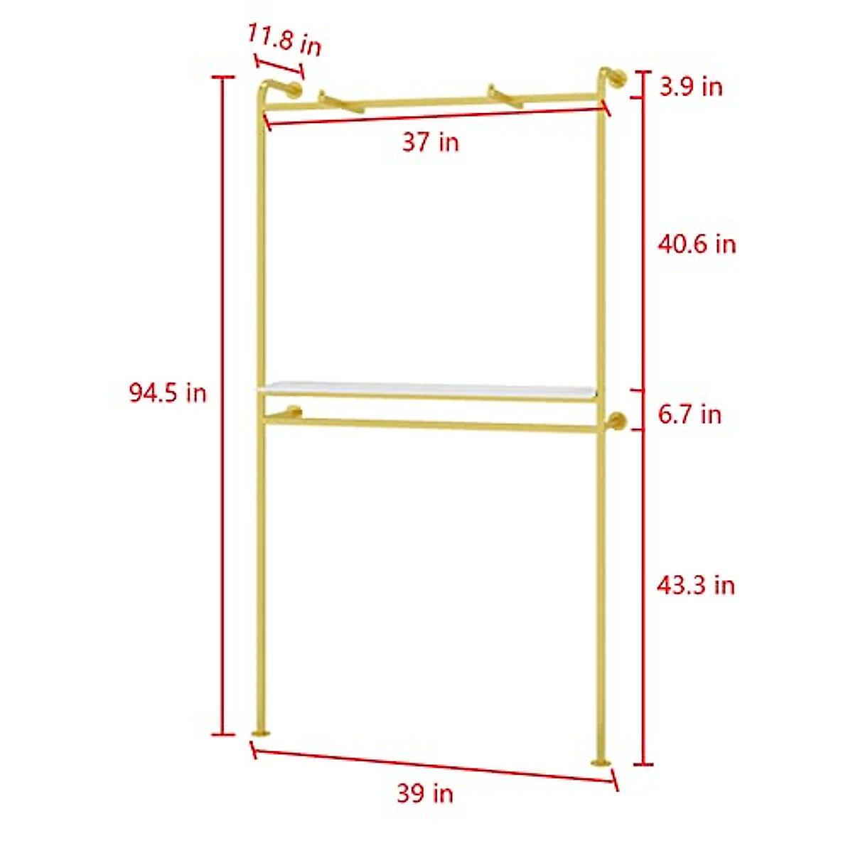 MDEPYCO Modern Simple Square Tube Double Hanging Rods Clothing Rack,Retail Display Wall Mounted Storage Clothes Hanging Shelf,2 Tier Metal Garment Rack (39" L, Gold with Wood)