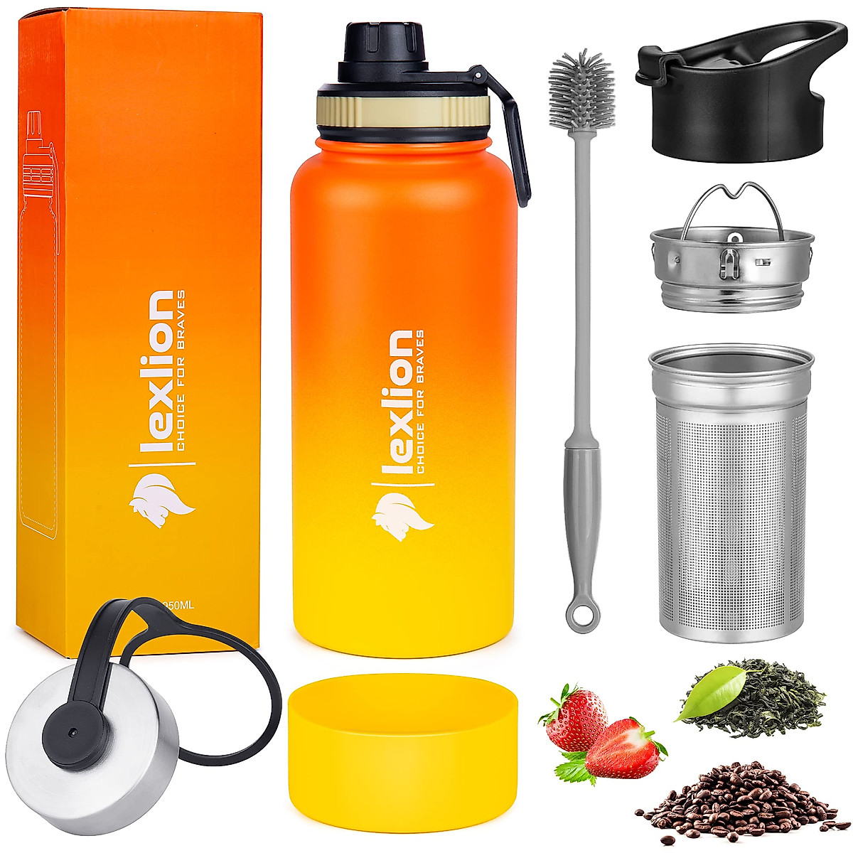 lexlion Water Bottle 32 Oz, Triple Walled Insulated Stainless Steel Reusable, Wide Mouth, Fruit Diffuser-Thermal Leaf Infuser, Silicone Sleeve&Cleaning Brush, 3 Lids Leak Proof, Metal