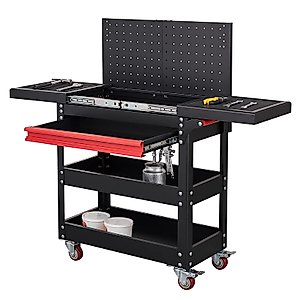 Rophefx 3-Tier Rolling Tool Cart with Sliding Top Mobile Toolbox on Wheels with Backplane Steel Tool Cart with Storage Drawer Utility Cart for Mechanic Warehouse Garage Workshop, Black & Red