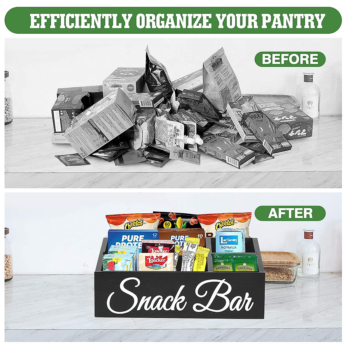 Snack Organizer for Countertop, Wooden Snack Tray and Food Storage Organizer Bins, Large 5-Compartment Snack Basket for Pantry, Kitchen Cabinet Pantry Organizer and Storage Bins for Snacks, Packets