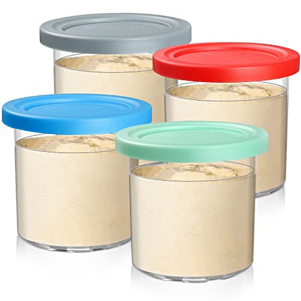 Omnikit Containers Replacement for Ninja Creami Pints and Lids - 4 Pack, 16oz Cups Compatible with NC301 NC300 NC299AMZ Series Ice Cream Maker - Dishwasher Safe, Leak Proof Lids Red/Mint/Grey/Blue