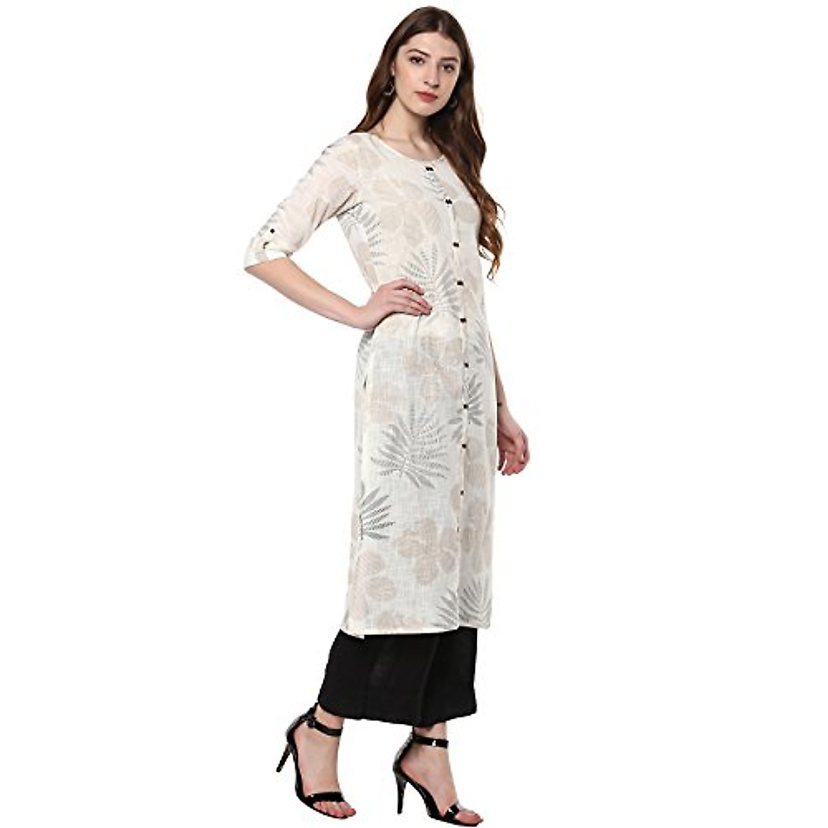 Janasya Indian Women's Tunic Tops Cotton Kurti for Women(JNE2171-KR-437-M) Off-White