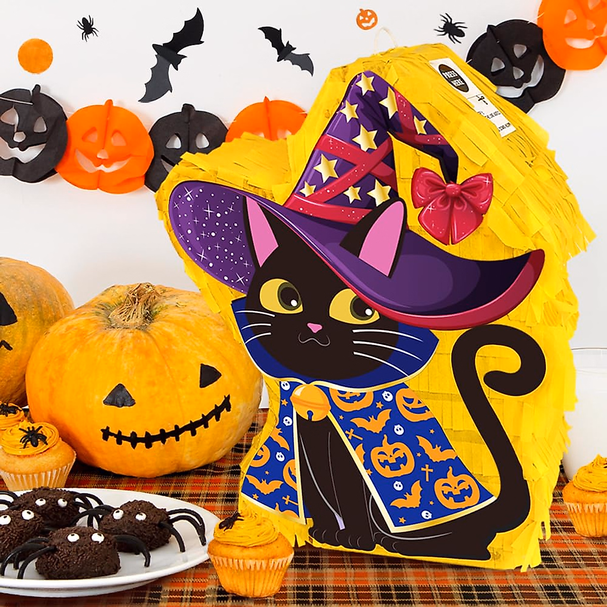 Halloween Pinata Black Cat Pinata for Kids and Adults Halloween Black Cat in Witch Cloak Pinata with Stick and Blindfold for Halloween Theme Party Decoration, Cute and Spooky Halloween Party Supplies