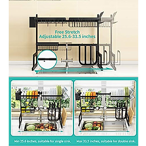 Dish Drying Rack Over Sink Adjustable (25.6"-33.5"),2 Tier Stainless Steel Length Expandable Kitchen Dish Rack,Large Dish Rack Drainer for Kitchen Organizer Storage Space Saver with 10 Utility Hooks