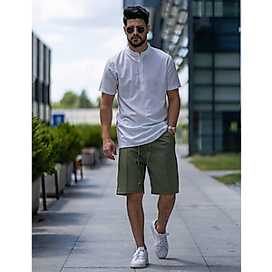 COOFANDY Men Linen Classic Fit Short Lightweight Drawstring Short with Pockets Army Green