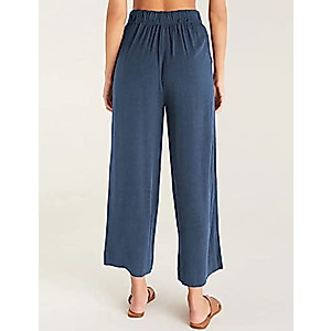 Tanming Linen Pants Women Summer Wide Leg High Waisted Work Pants Palazoo Trousers (NavyBlue-XL)
