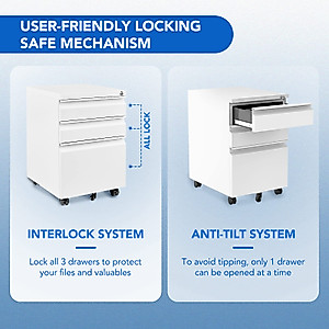 FLEXISPOT 3 Drawer Mobile File Cabinet for Home Office Under Desk Storage, Filing Cabinet with Lock Keys, File Organizer Cabinet for Legal/Letter/A4 File, White