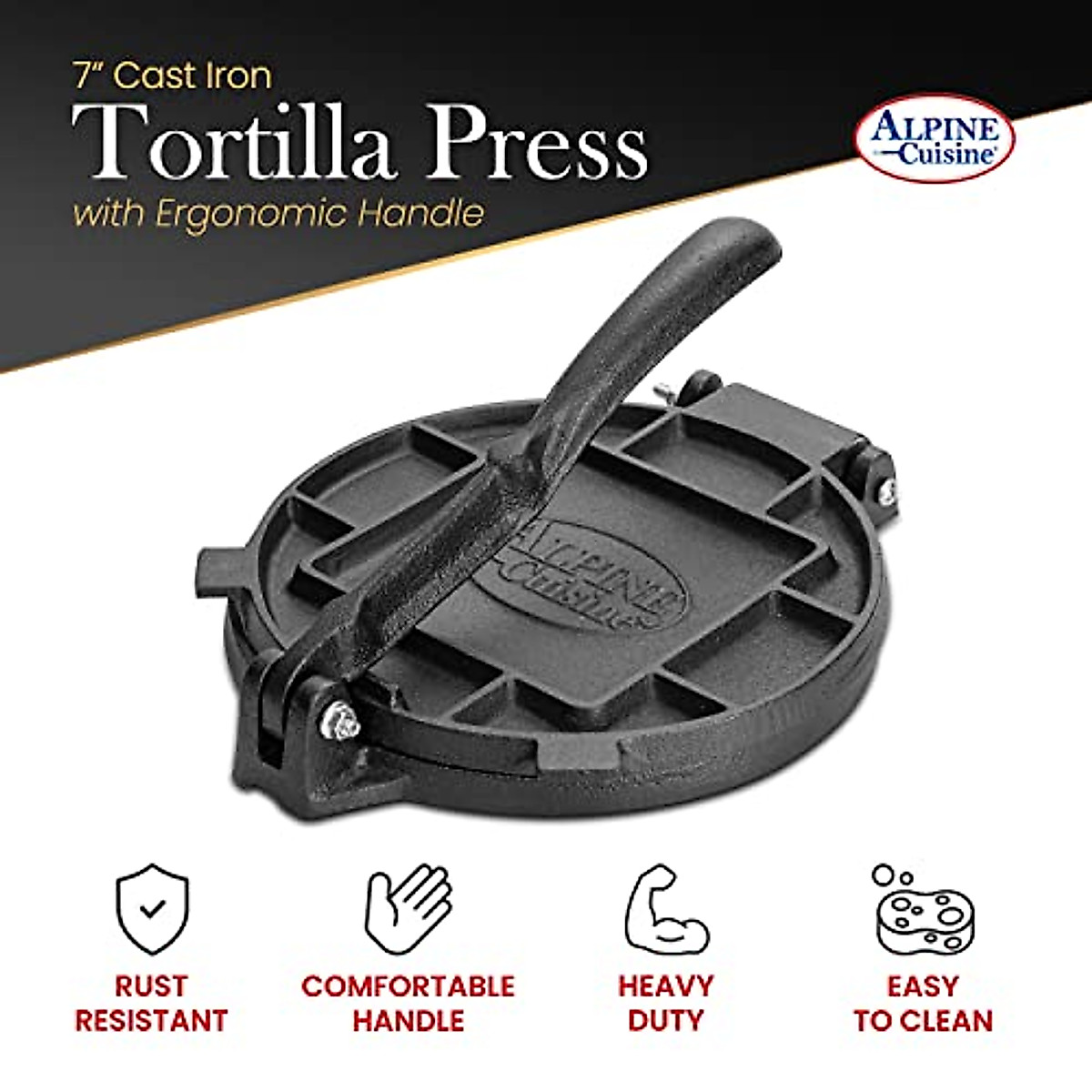 Alpine Cuisine Professional Cast Iron Tortilla Press, 7" Tortilla Maker, Comfortable Handles Allows Perfect Pressure, Heavy Duty Quesadilla Maker - Pataconera for Corn or Flour Tortilla