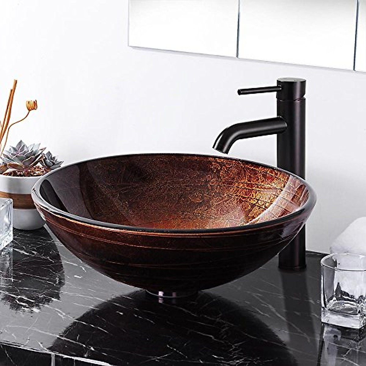 Aquaterior Tempered Glass Vessel Sink Bathroom Lavatory Round Bowl Pattern Basin(FAUCET NOT INCLUDED)