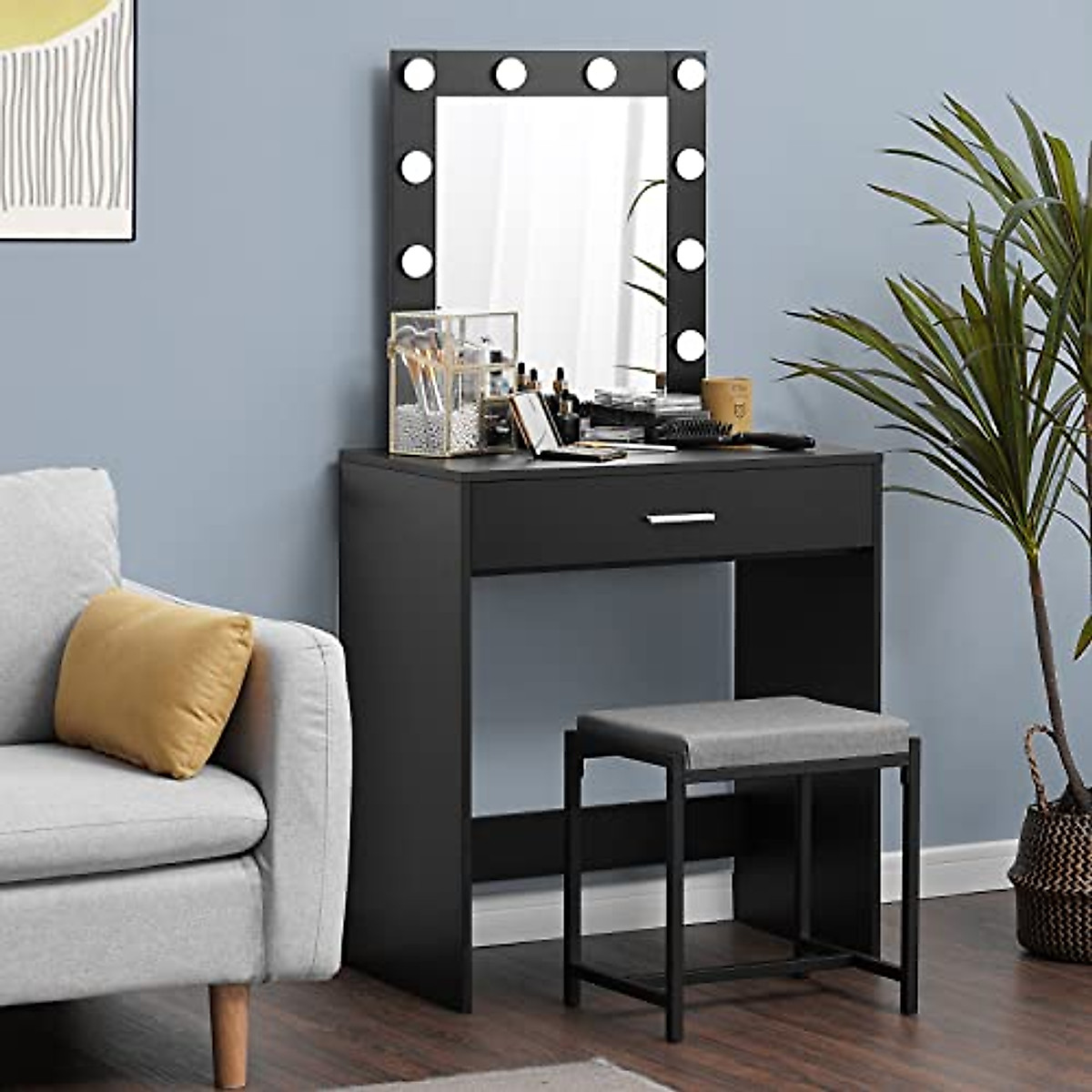 Reettic Makeup Vanity Table with Lighted Mirror, Vanity Desk with Drawers, Bedroom Dressing Table,9 LED Blubs & Adjustable Brightness, for Women, Mother, Girls, Black RSZT102B