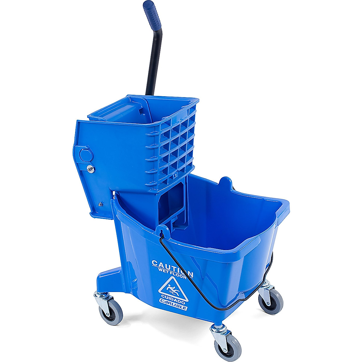 Carlisle FoodService Products Mop Bucket with Side-Press Wringer for Floor Cleaning, Restaurants, Offices, And Janitorial Use, Polyproylene, 26 Quarts, Blue