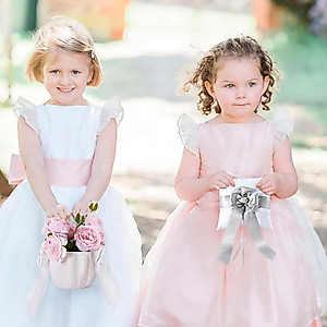 Little World Ring Pillow Silver Beaded Luxury, Decor Bridal Wedding Ivory Ring Bearer Pillow, 7.8 Inch x 7.8 Inch (White)