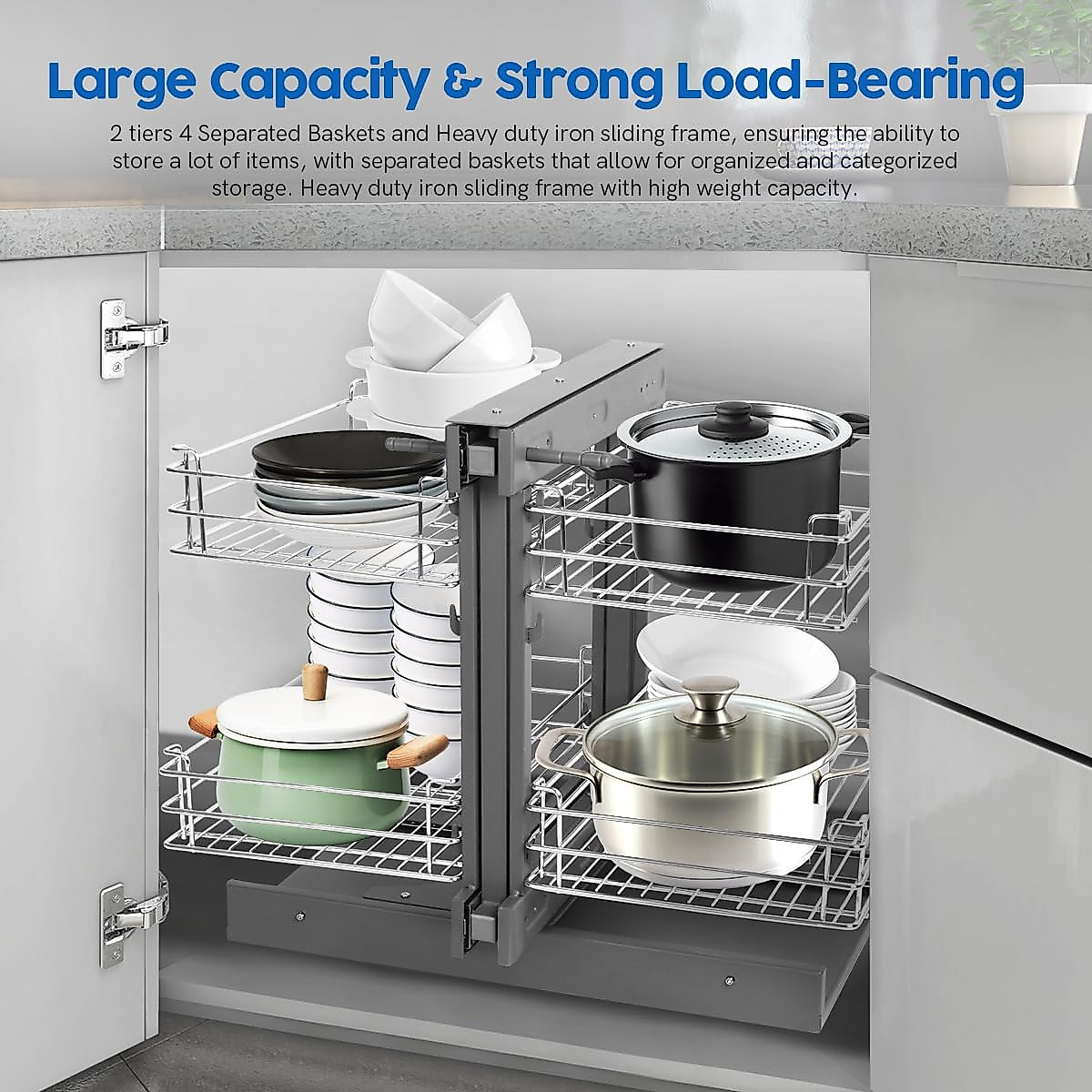 Xverycan Modern Cabinet Corner Organizer, 2-Tier 4-Basket Pull Out, Soft Close, 26.7"L x 18.1"W x 22.4"H