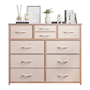 LUMTOK 10-Drawer Dresser, Fabric Storage Dressers Drawers for Bedroom, Hallway, Nursery, Closets, Steel Frame, Wood Top, Easy Pull Handle (Rose Gold)
