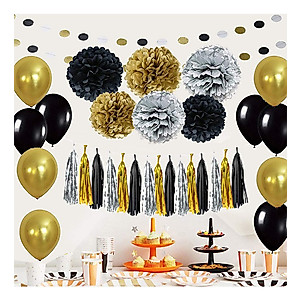 Black and Gold Party Decorations - DIY Tissue Paper Pom Poms Flowers, Tassel, Balloons, Hanging Swirl, Paper Circle Garland for Graduation and Retirement Party Decor
