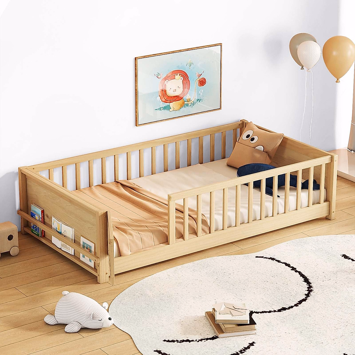 Tatub Twin Floor Bed with Slats, Montessori Bed with Rails, Kids Floor Bed with Built-in Book Storage Rack, Solid Wood Montessori Bed Frame with Door, Nature