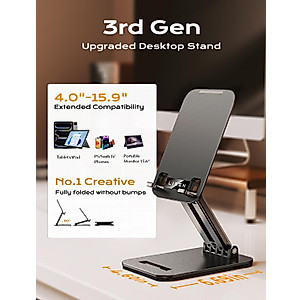LISEN Tablet Stand for iPad Stand Holder Desk, Foldable iPad Pro Holder Portable Monitor Stand Travel Accessories, Office Desk Accessories for Kitchen 2024 iPad Mini 7 Kindle iPhone 4-15.9" Black