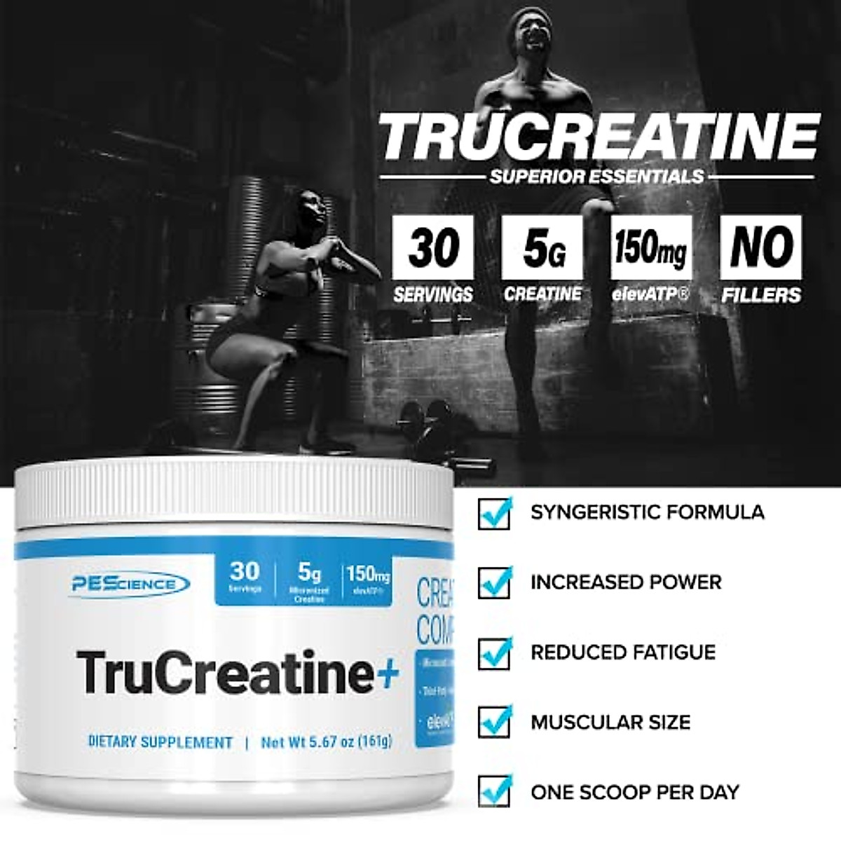 PEScience TruCreatine+, Pure Creatine Monohydrate and ElevATP Powder, 30 Servings