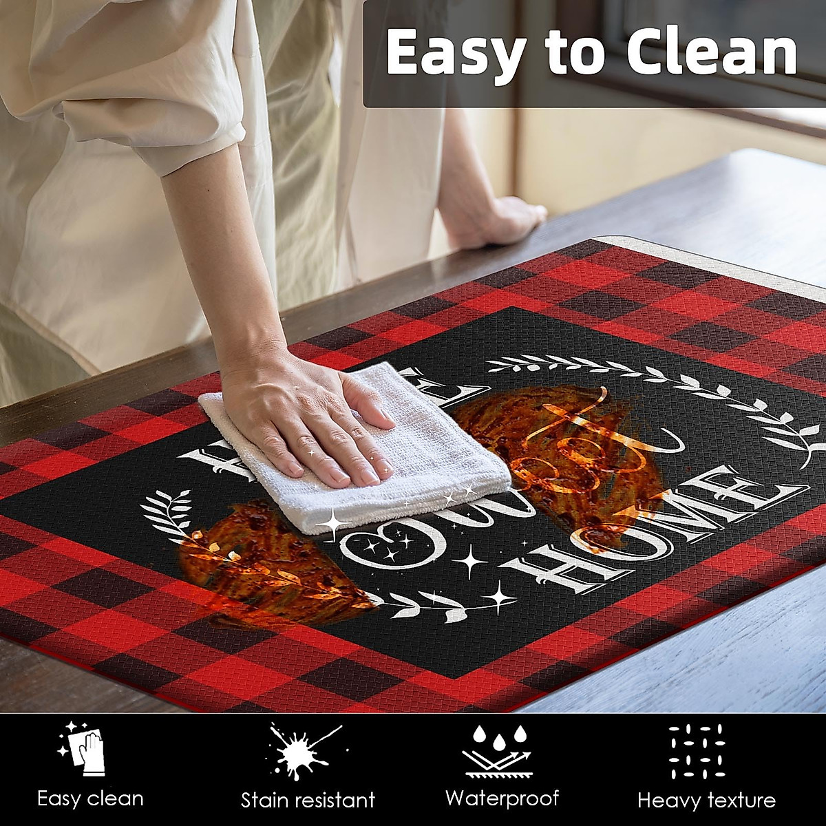 Arttown Anti-Fatigue Kitchen Rug Set of 2 Black Red Buffalo Plaid Cushioned Floor Mat, Standing Waterproof Non-Slip Mat and PVC Ergonomic Comfort Foam Rug for Kitchen