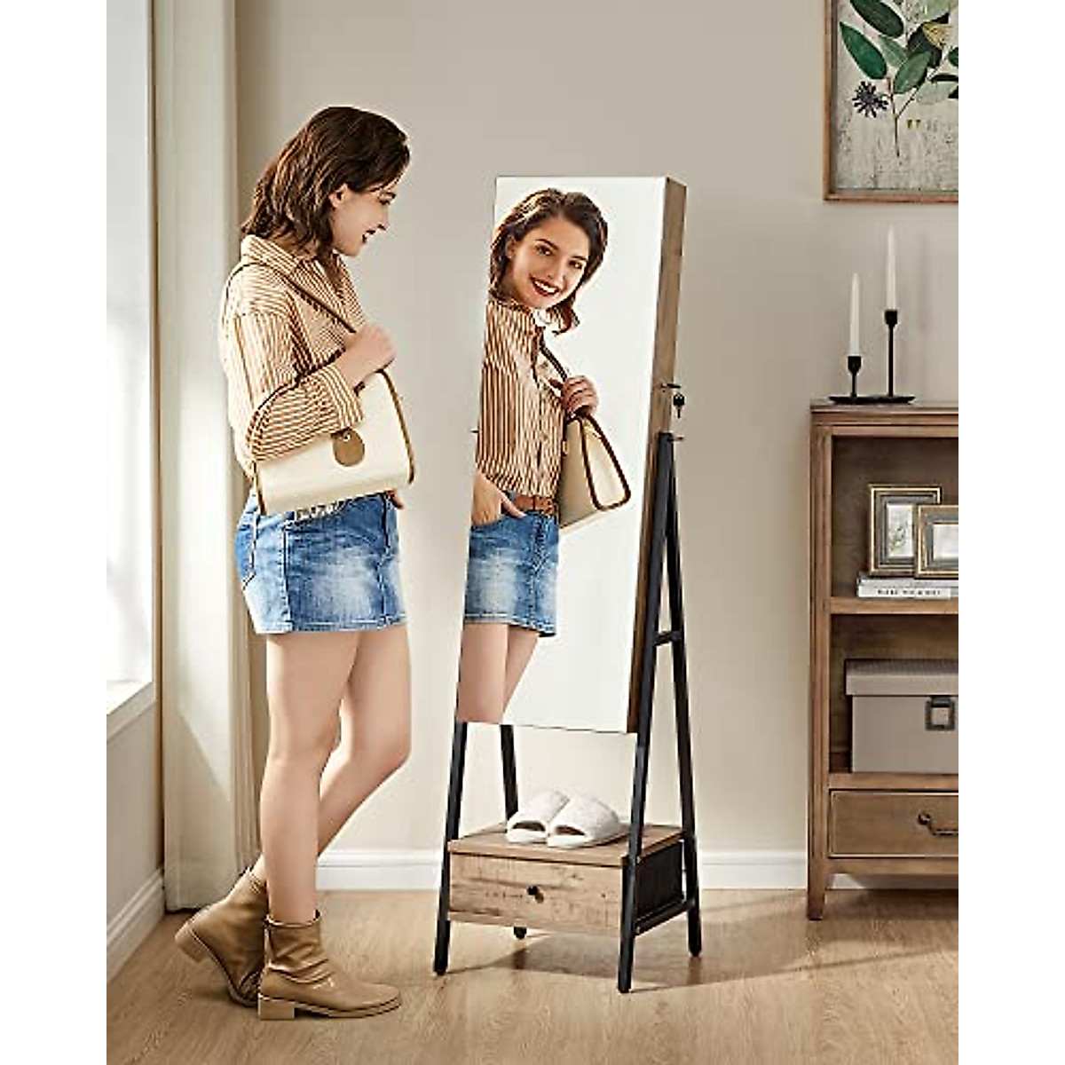 SONGMICS LED Mirror Jewelry Cabinet Standing, Lockable Jewelry Armoire with Full-Length Mirror, Space-Saving Jewelry Organizer with Mirror, Drawer and Shelf, Toasted Oak Color UJJC025N01