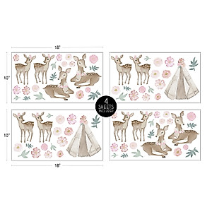 Boho Woodland Deer Floral Peel and Stick Wall Decal Stickers Art Nursery Decor by Sweet Jojo Designs - Set of 4 Sheets - Blush Pink, Mint Green and White