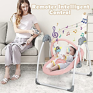 INFANS Baby Swing for Infants, Compact Portable Baby Electric Rocker for Newborn with 5 Speed Natural Sway Music Timing 2 Toys Remote Control, Easy Fold, 0-6 Months Boy Girl (Pink)