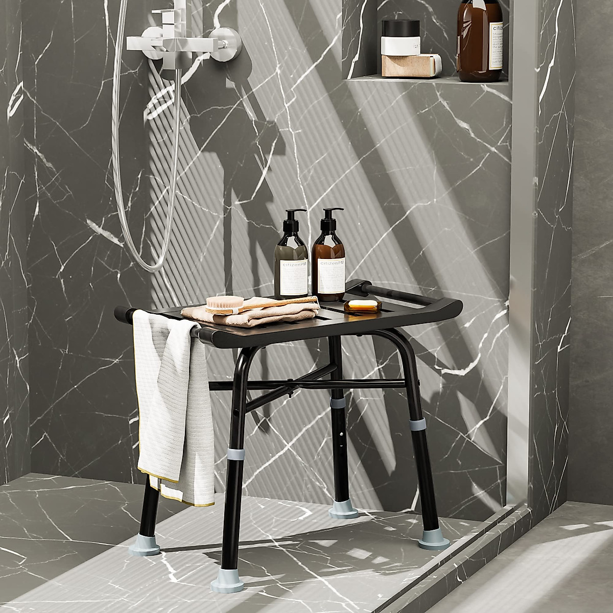 Shower Bench Bamboo Shower Chair for Inside Shower, 23.5 Inch Spa Bath Stool with Handles, Height Adjustable Shower Stool Bath Chair for Adults Seniors and Disabled (Black)