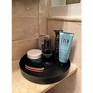 Wick Works | 8.5 inch Stainless Steel Decorative Round Tray | Metal Plate for Home Décor and Candles | Jewelry Dish Makeup Organizer | Platter Candleholder Perfume Flowers Table Centerpiece (Black)