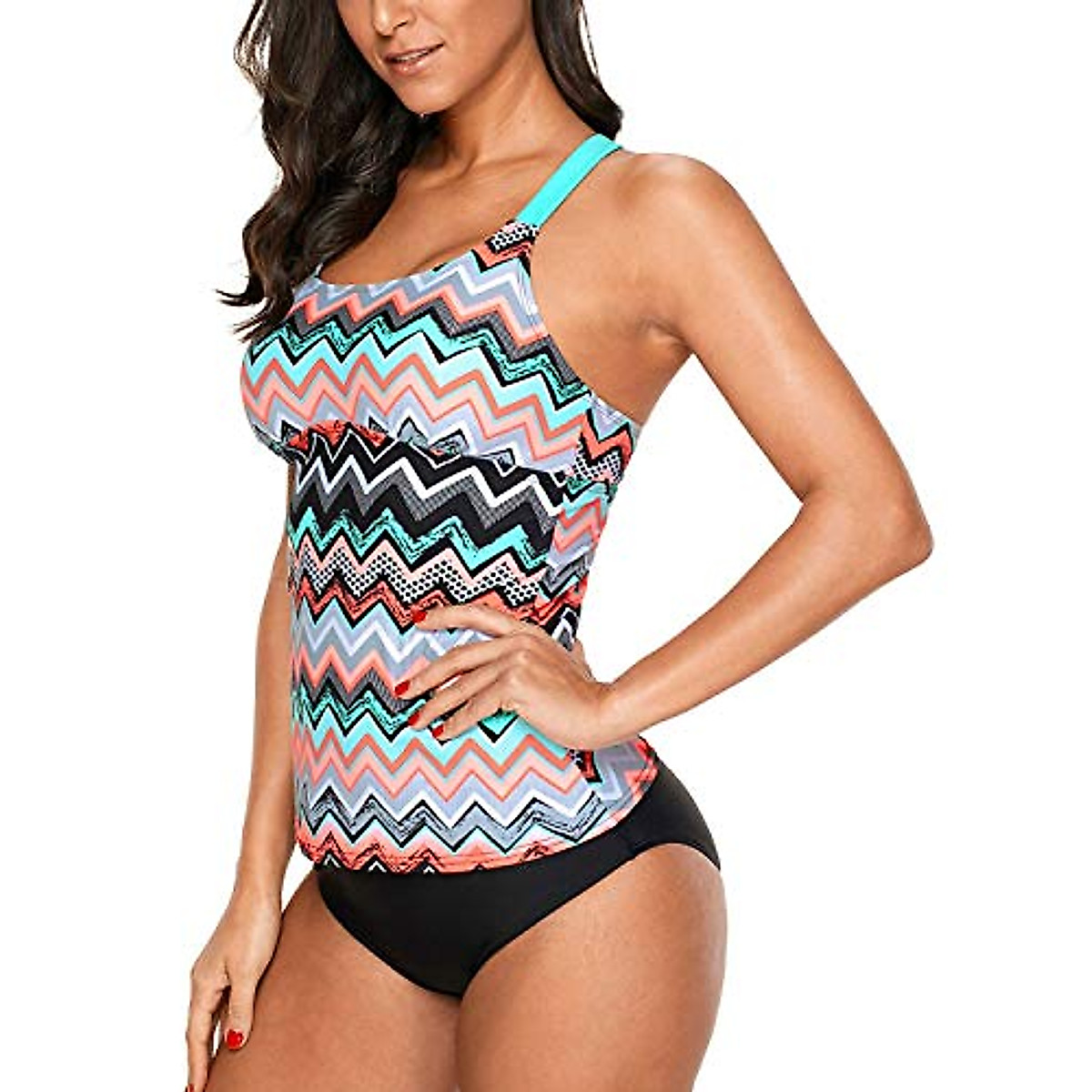 Dokotoo Womens Ladies Striped Zigzag Print Color Block Open Back Bandeau Blouson Push Up Tankini Swim Bikini Top No Bottom Swimsuit Bathing Suit Swimwear Small