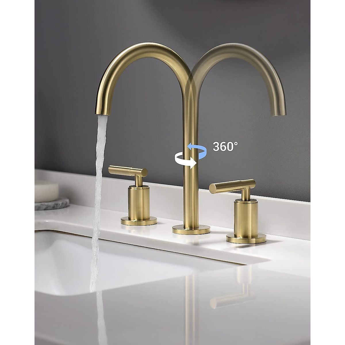 Brushed Gold Bathroom Faucet, Indare Two Handles 360° Swivel Spout Widespread 4Inch 8Inch Brass Bathroom Sink Faucet 3 Hole with Pop-Up Drain and Water Supply Lines, Upgraded Style