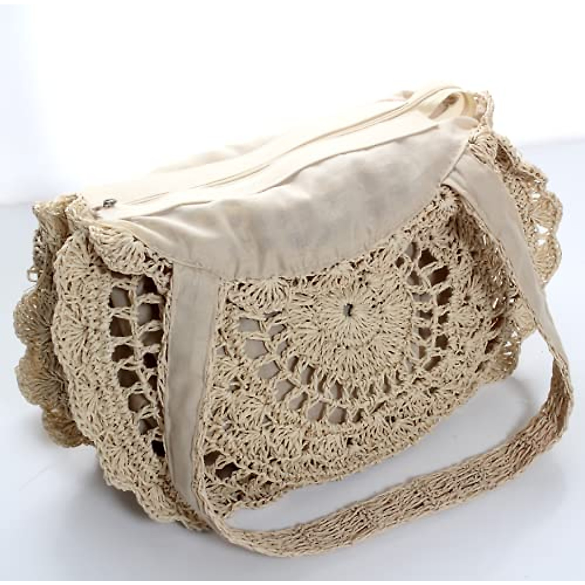 GK-O Lady Straw Tote Bags Round Handbag Crochet Wicker Rattan Boho Woven Beach Summer (Light brown)