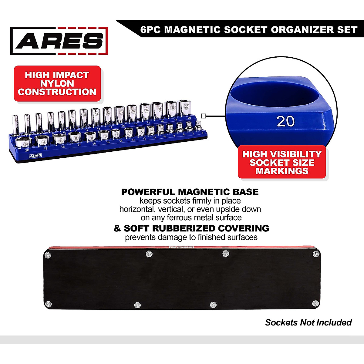 ARES 60058-6-Pack Set Metric and SAE Magnetic Socket Organizers -Blue and Red -1/4 in, 3/8 in, 1/2 in Socket Holders -143 Pieces of Standard (Shallow) and Deep Sockets -Organize Your Tool Box