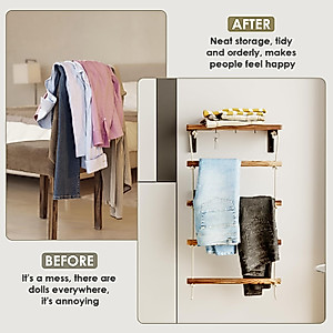 Delywh 5 Tier Wall Blanket Ladder Floating Shelves, with Rustic Rope Wooden Blanket Storage, Throw, Towel, Quilt Rack for The Living Room, Bathroom, Bedroom, Farmhouse Wall Blanket Holder, Brown