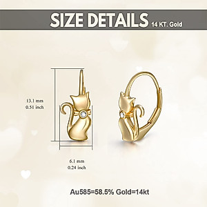 Cat Earrings 14k Yellow Gold Cute Animal Cat Leverback Earrings for Women Teens Girls Birthday Christmas Gifts