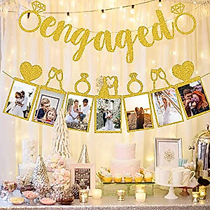 Engagement Party Decorations Gold - Extra-Large Engaged Banner and Photo Banner with Romantic Memories Picture Card Frames for Bridal Shower Sign & Bachelorette Party Favors, Engagement Banner Decor