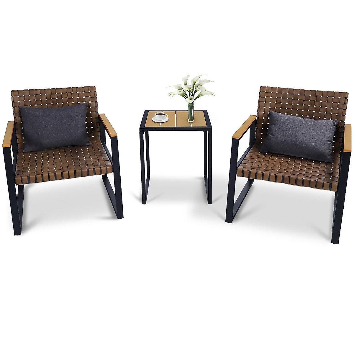 ENSTVER 3-Piece Wicker Patio loveseat Furniture Conversation Set,Outdoor loveseat with Coffee Table for Backyard, Porch, Deck, Garden