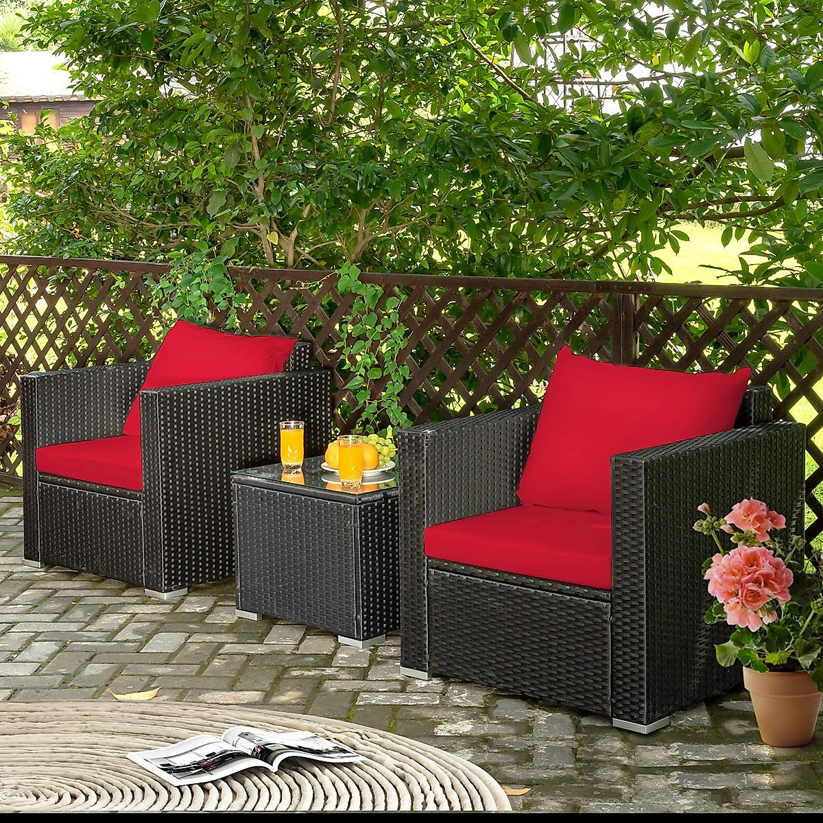 Tangkula 3 Pieces Patio Furniture Set, PE Rattan Wicker Sofa Set w/Washable Cushion and Tempered Glass Tabletop, Outdoor Conversation Furniture for Garden Poolside (Red)