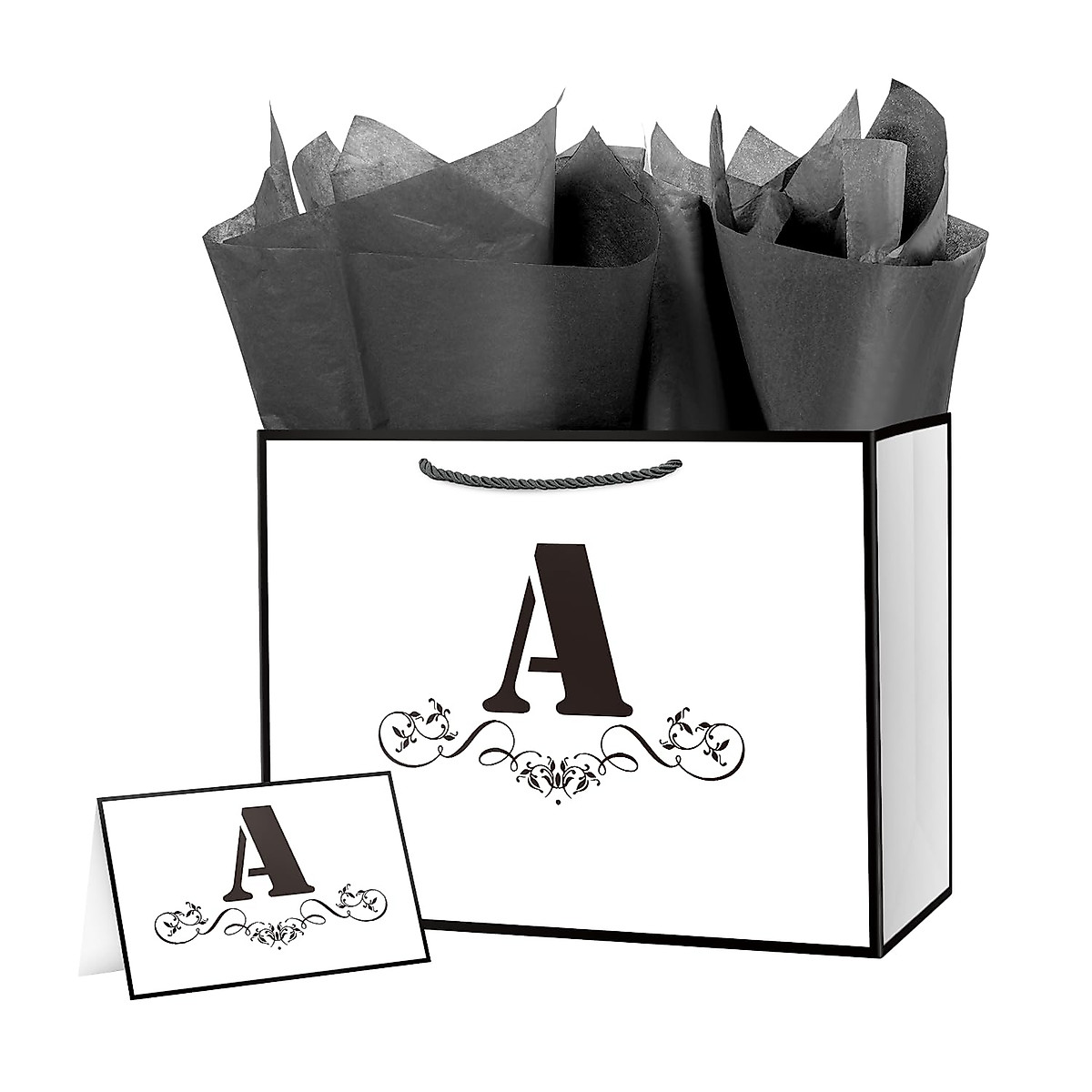 ysmile Letter Gift Bag with Wrapping Tissue for Men Women, 12" Large White Black Paper Bag for Birthday Anniversary - Single A