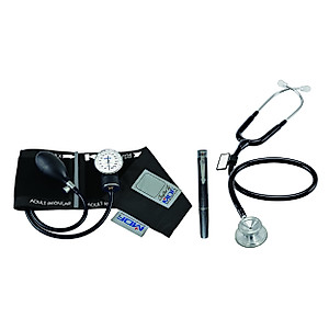 MDF Acoustica Lightweight Dual Head Stethoscope, MDF Calibra Aneroid Sphygmomanometer, MDF Pocket Illuminator Medical Professional Diagnostic Penlight - Black