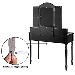 DORTALA Makeup Vanity Table Set w/ 7 Drawers, Removable Tri-Folding Mirror w/ 8 Jewelry Necklace Hooks, Dressing Table w/ Open Storage Box & Cushioned Stool, Solid Wood Legs,Black