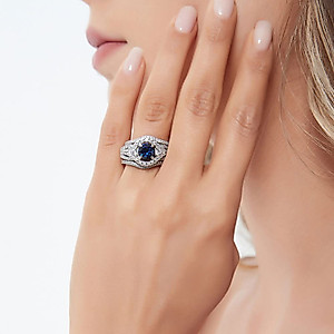 BERRICLE Sterling Silver 3-Stone Wedding Engagement Rings Simulated Blue Sapphire Round Cubic Zirconia CZ Halo Ring Set for Women, Rhodium Plated Size 8