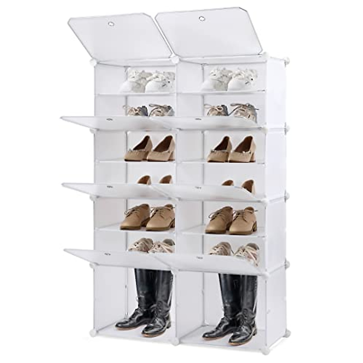 ASDET U&I Shoe Rack Organizer, 7 Tier Shoe Storage Cabinet 28 Pair Plastic Shoe Organizer 14 Grids Shoe Shelves for Closet Hallway Bedroom Entryway, White