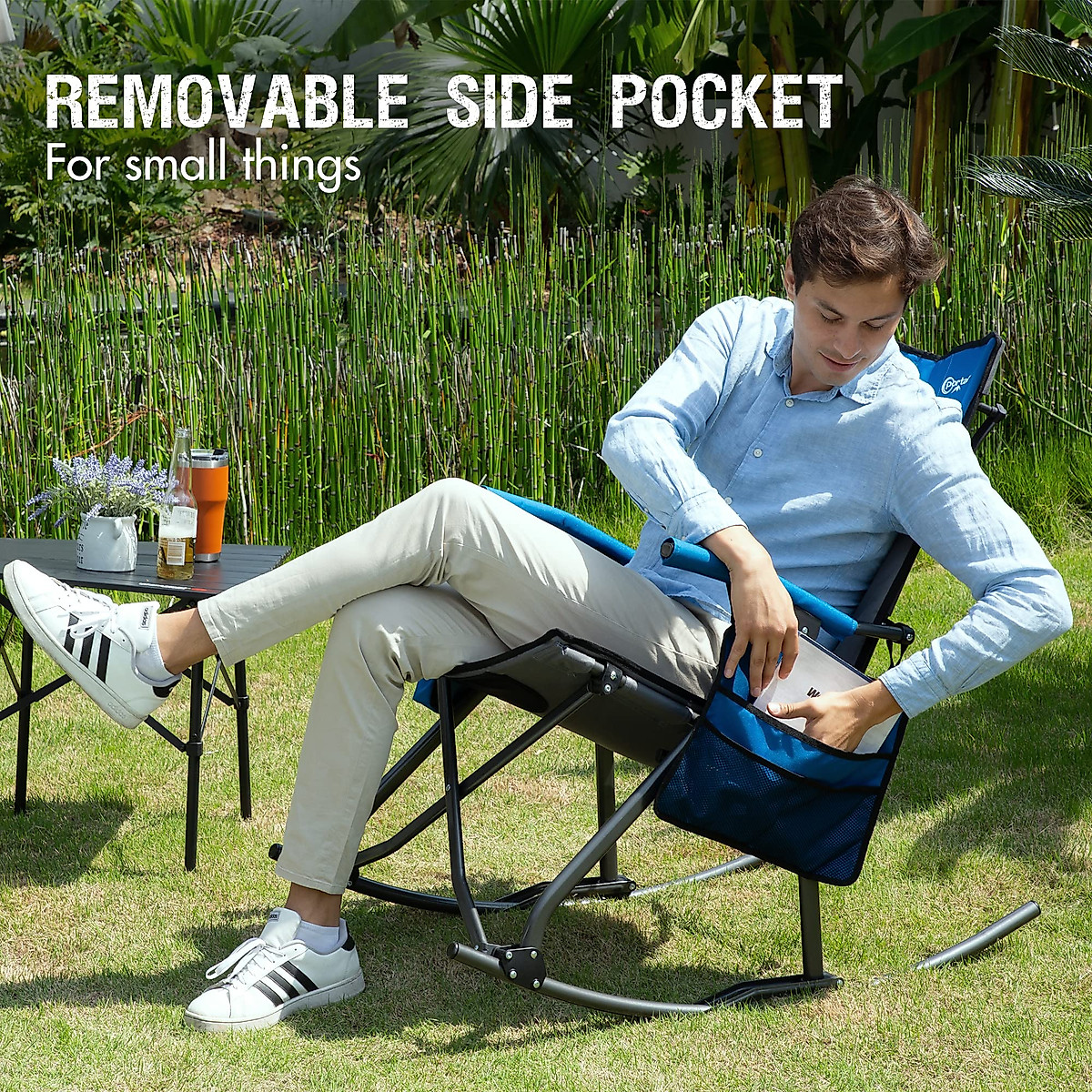 PORTAL Oversized Folding Rocking Camping Chair Portable Outdoor Rocker with High Back Hard Armrests Carry Bag, Supports 400 lbs, Padded Back, Blue